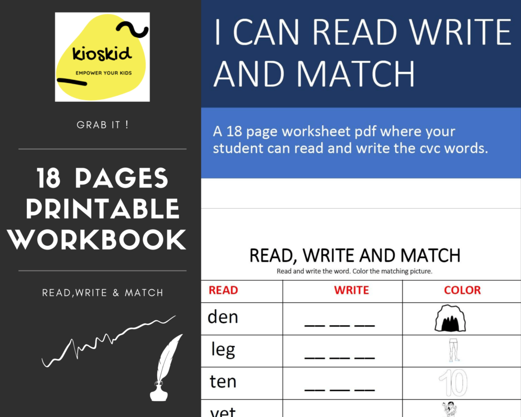 READ,WRITE & MATCH- 18 PAGES PRINTABLE CVC WORDS WORKBOOK - Kioskid